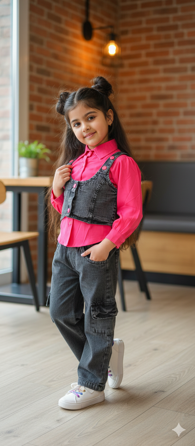Girl's 3 Piece Hot Pink Denim Co-Ord Set [GCS-6144] (4-12 Years ...